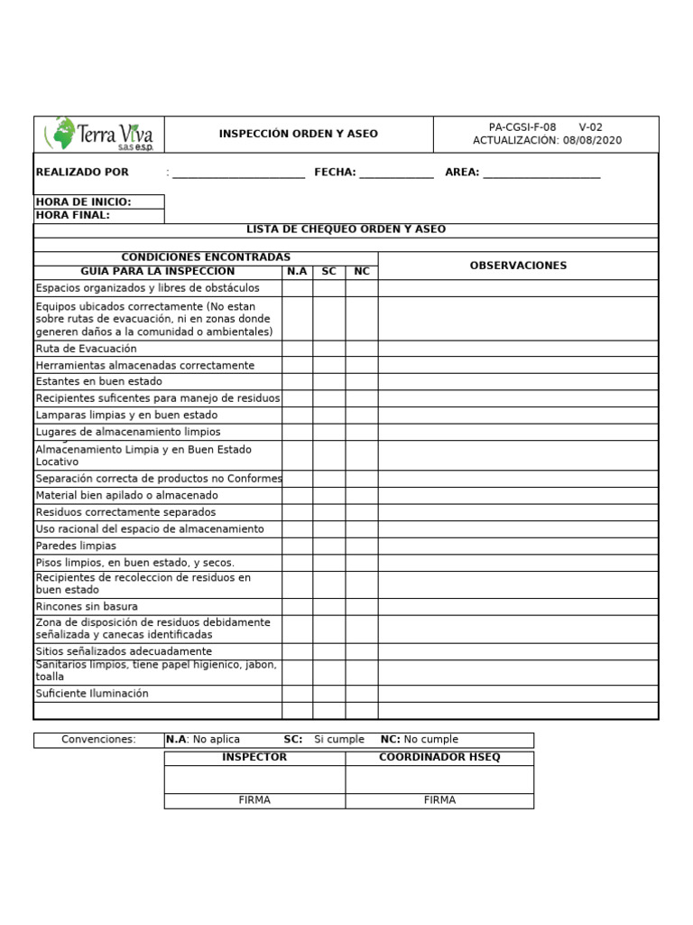 PA-CSGI-F-08 FORMATO PARA INSPECCION ORDEN Y ASEO | PDF