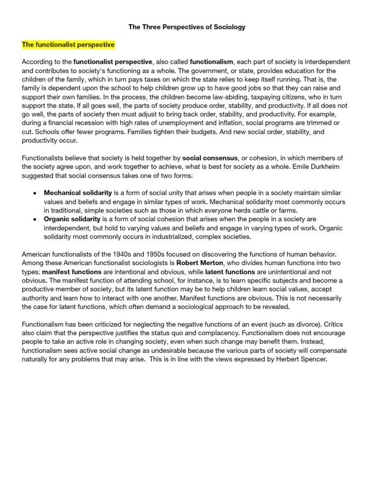 Three Key Perspectives in Sociology | PDF