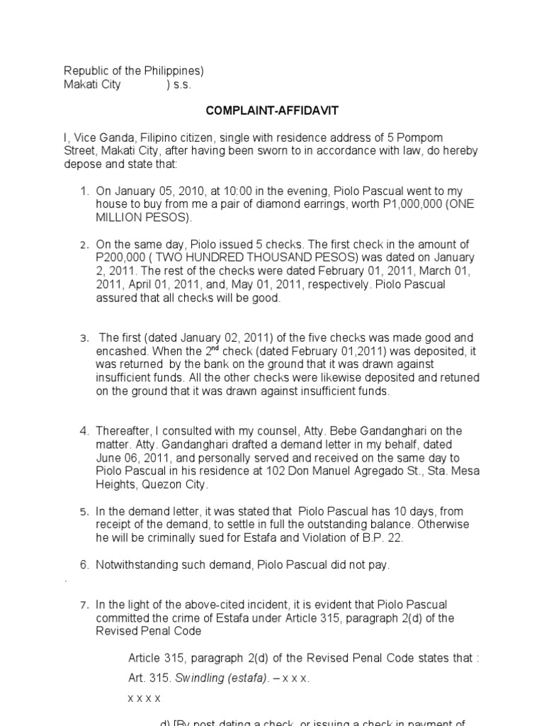 Complaint Affidavit | PDF | Cheque | Fraud