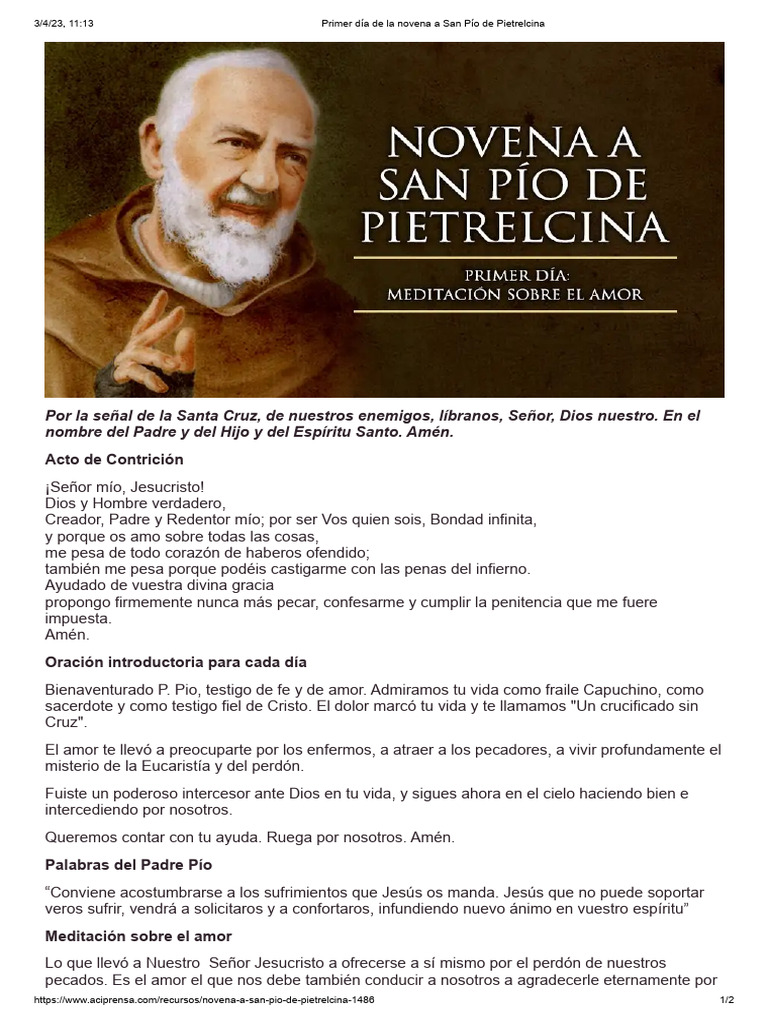 Primer Día de La Novena A San Pío de Pietrelcina | PDF | Oración ...