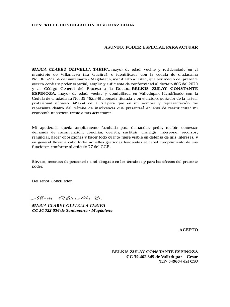 Poder Maria Claret Olivella - Centro de Conciliacion Jose Diaz Cujia | PDF