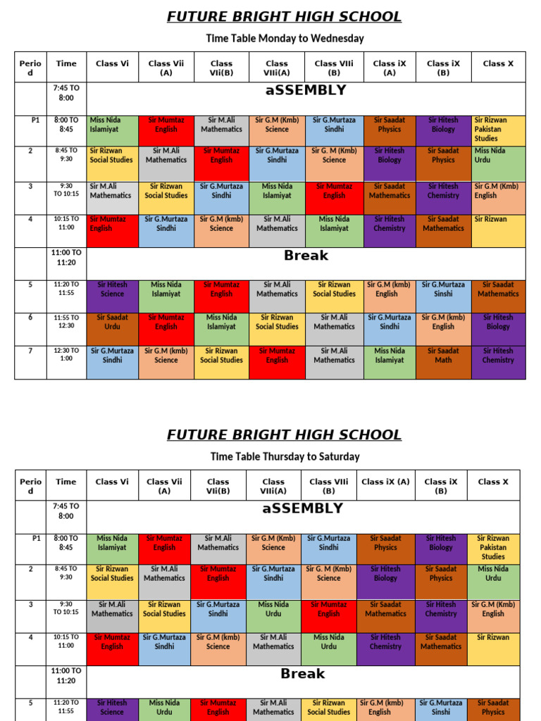 Future Bright High School Timetable | PDF | Languages Of India | Sindh