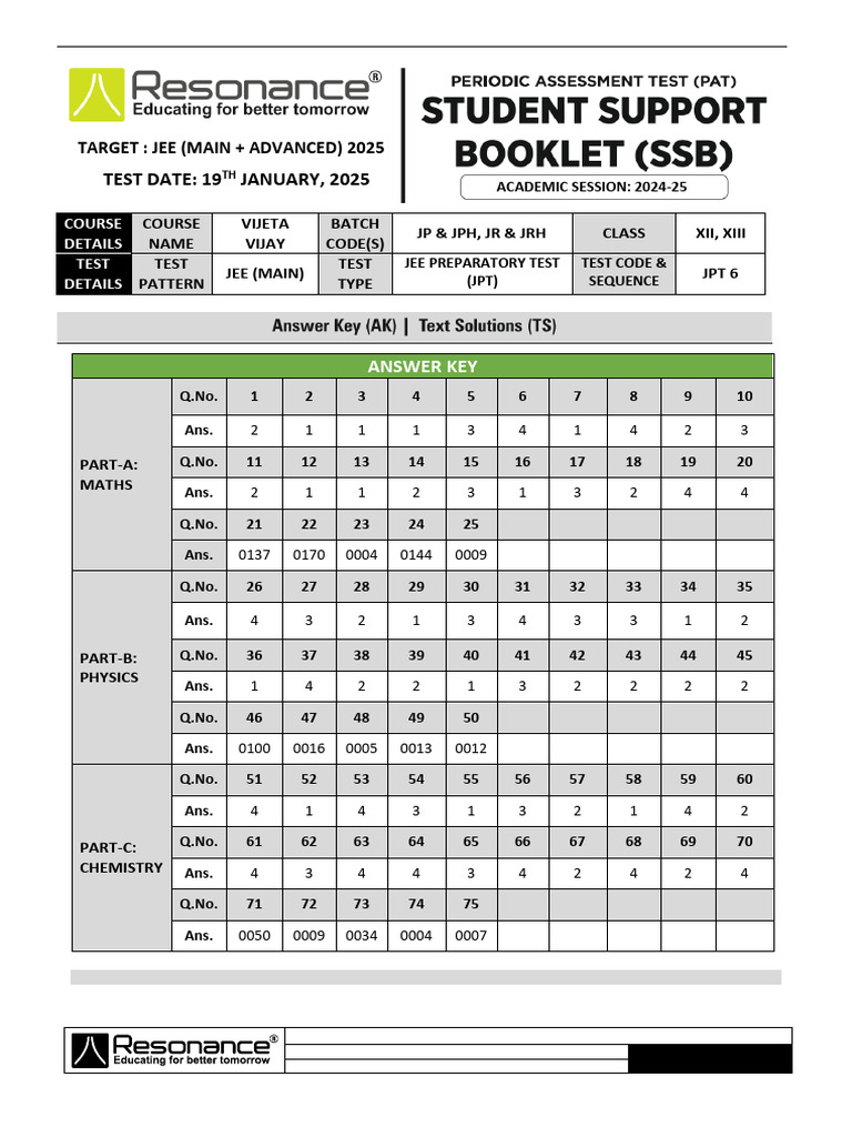 JEE Main 2025 Preparatory Test Answer Key | PDF | Elementary Geometry ...