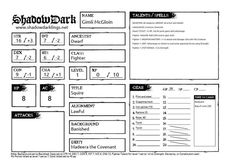 Gimli McGloin (Shadowdark premade character) | PDF | Role Playing | Role Playing Games