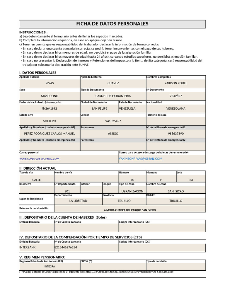 Ficha de Datos Personales Grupo Conserh | PDF