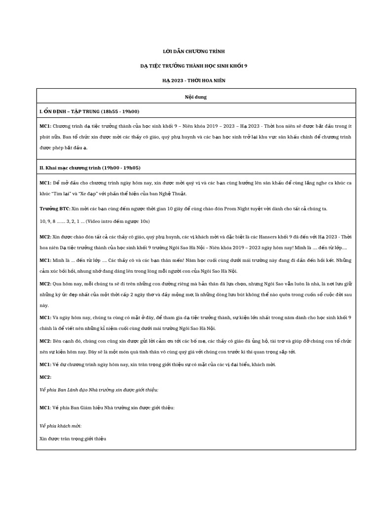 Script MC Prom Hạ 2023 Thời Hoa Niên | PDF