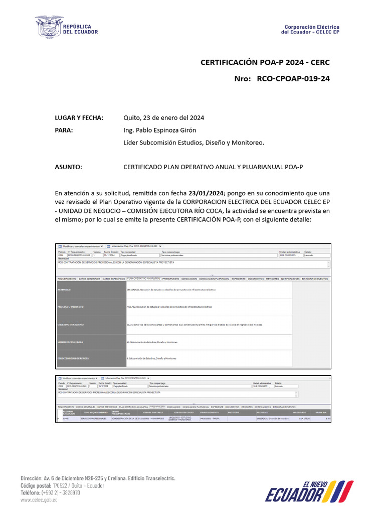 Certificación Poap 019 Rco-Reqprs-24-043 | PDF