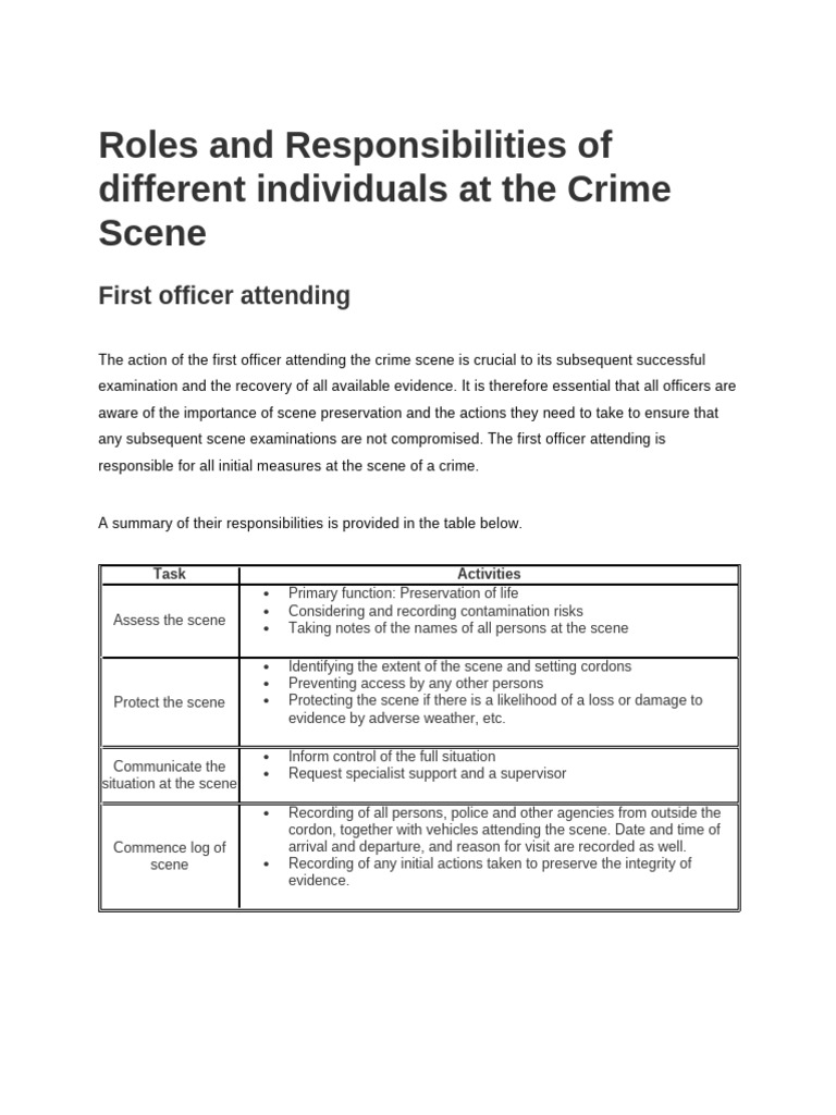 Roles and Responsibilities of Different Individuals at The Crime Scene ...