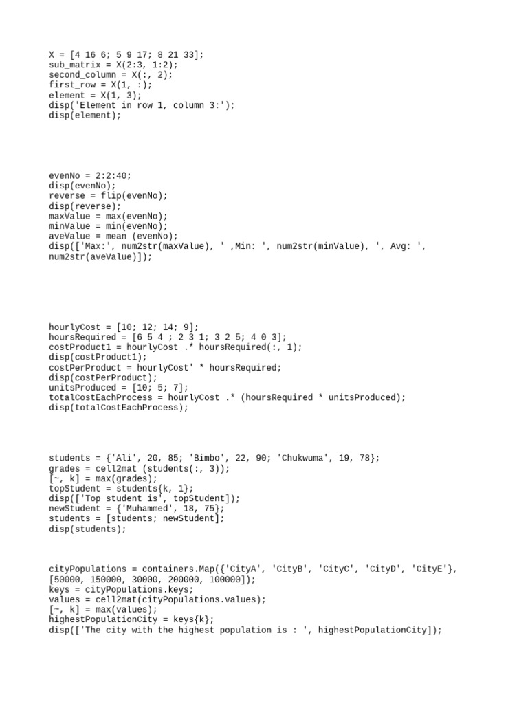 MATLAB Matrix Operations and Analysis | PDF