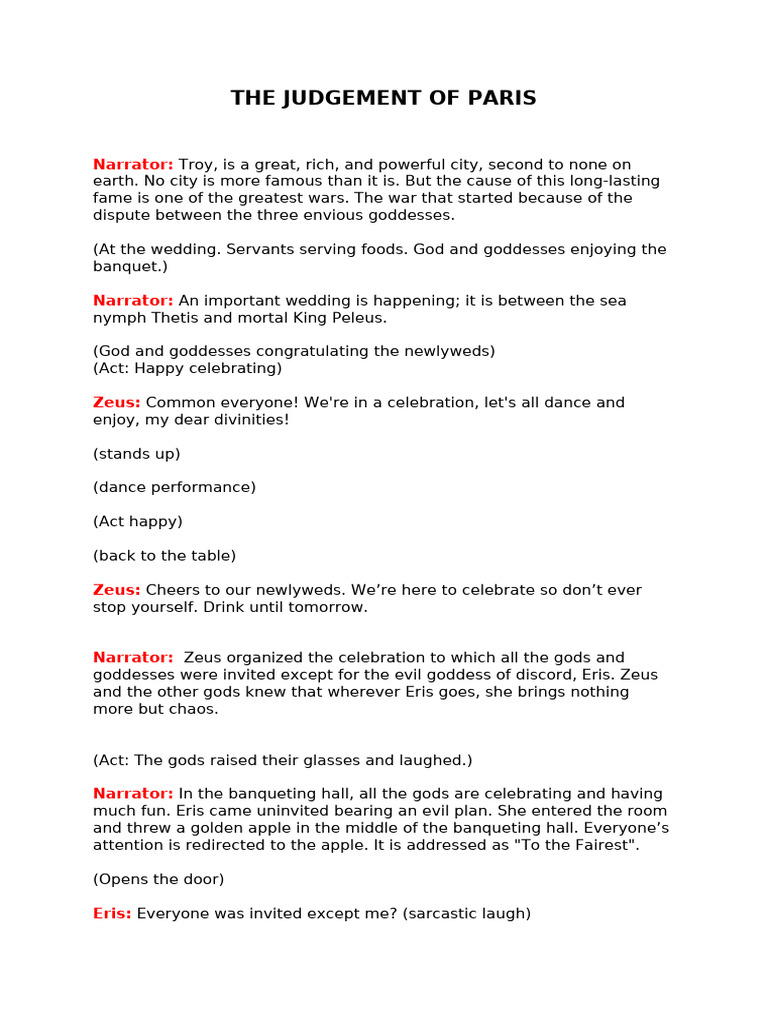 The Judgement of Paris Script | PDF | Paris (Mythology) | Helen Of Troy
