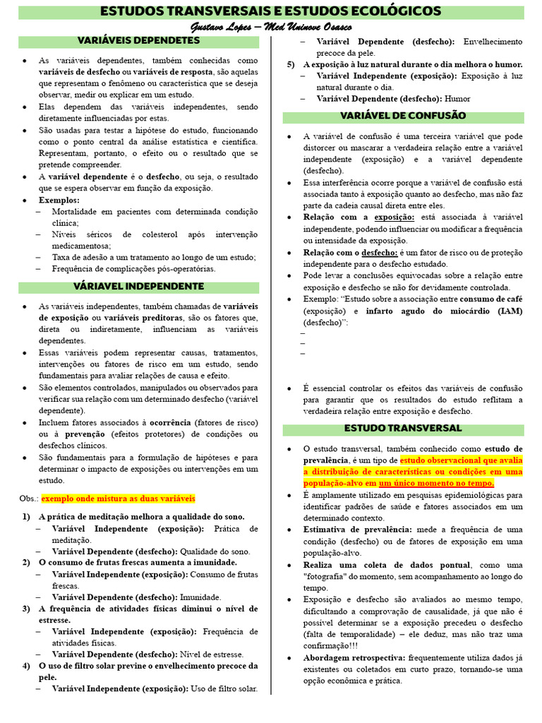 Variáveis em Estudos Transversais e Ecológicos | PDF | Fator de risco ...