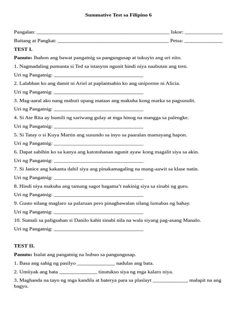 Summative Test Sa Filipino 6 | PDF