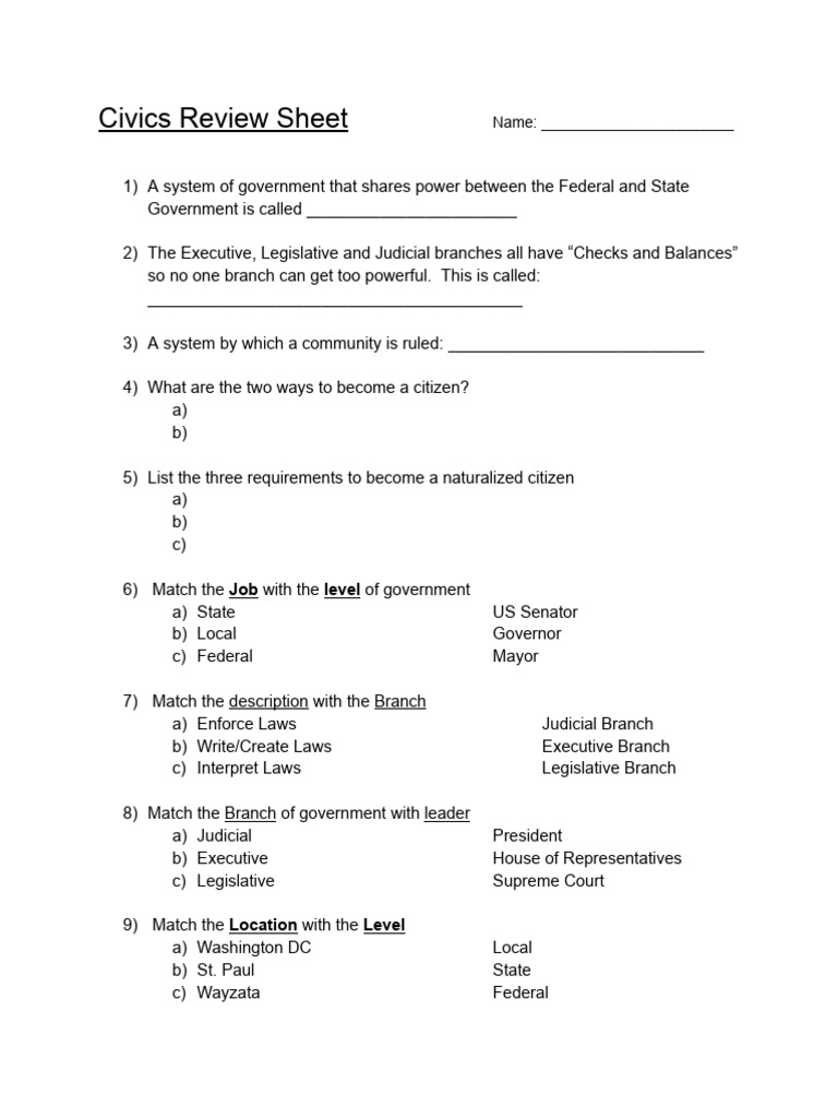 Civics Review Sheet | PDF
