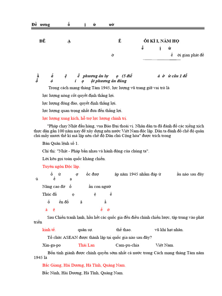 Đề Cương Ôn Thi Cuối Kì I- Lịch Sử 12- Trường Thpt Thái Phiên | PDF