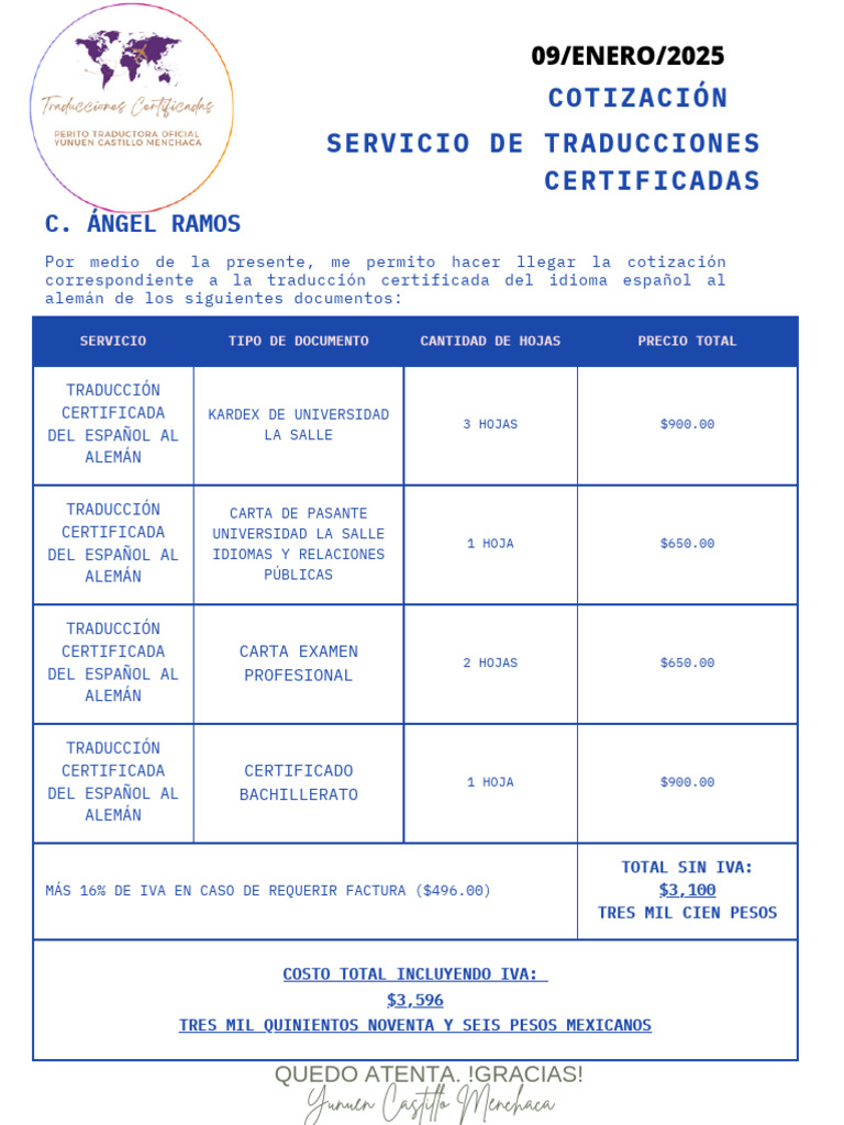 PDF Cotización Traducciones Certificadas Documentos Angel Ramos Español Alemán Enero 2025 | PDF ...