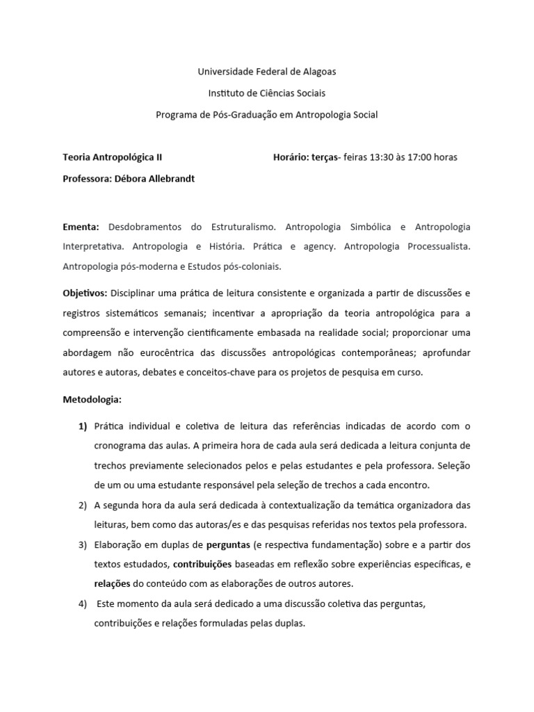 Programa Teoria II- Atualizado | PDF | Antropologia | Sociologia