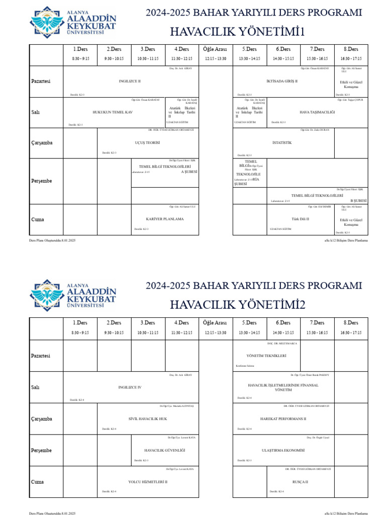 2024 2025 Bahar Ders Programi Siniflar v3 | PDF