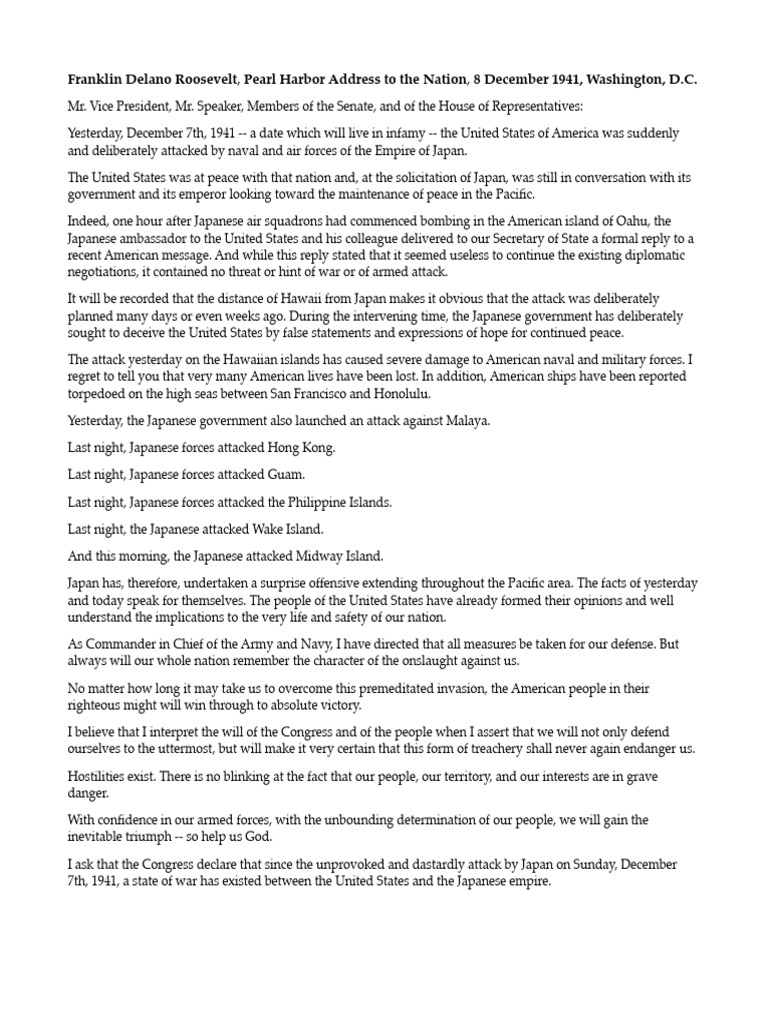 Roosevelt Pearl Harbor-1 | PDF | Attack On Pearl Harbor | Military