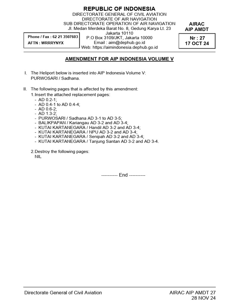 AIRAC AIP Amendment 27 Overview | PDF | Aviation