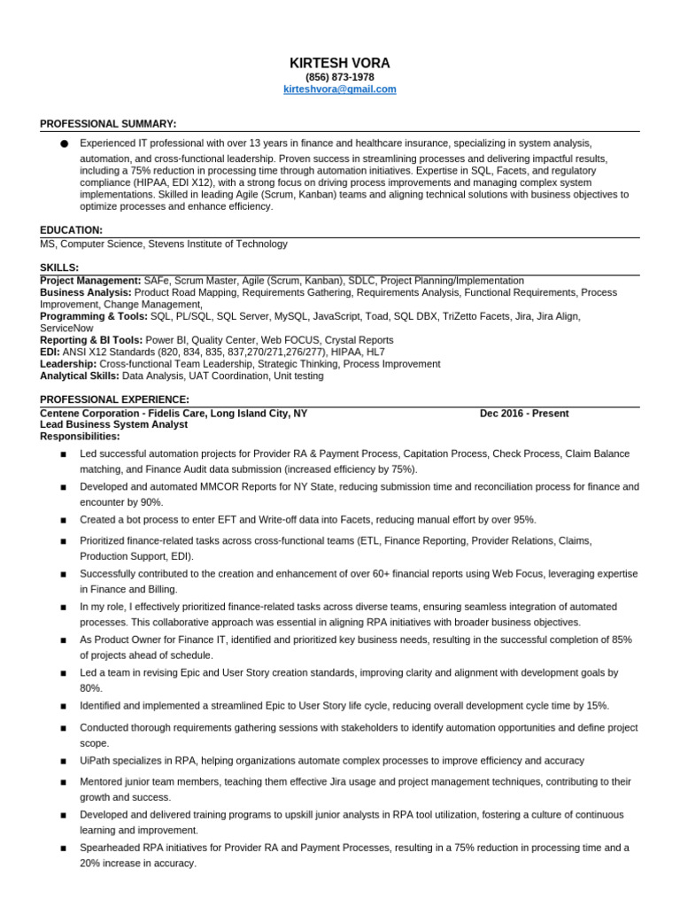 Kirtesh Vora - V Soft BA Resume | PDF | Business Analysis | Data Analysis