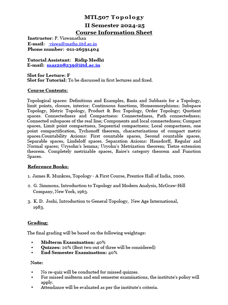 Course Information Sheet Topology | PDF