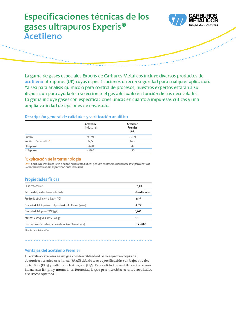 250 17 085 ES Jul21 Especificaciones Tcnicas de Los Gases Ultrapuros Experis Acetileno | PDF ...