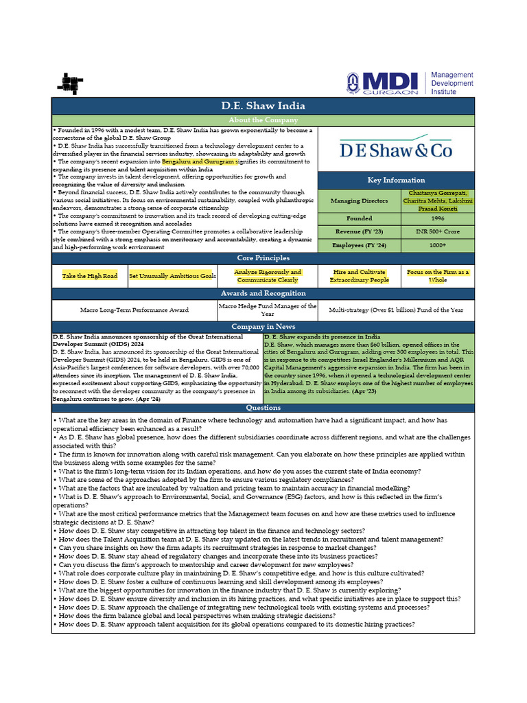 D.E. Shaw India: Growth and Innovation | PDF | Recruitment | Economies