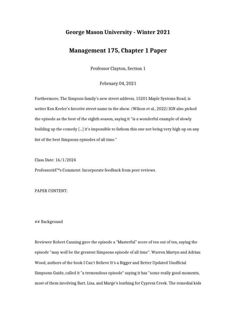 Management 175 Chapter 1 Paper | PDF | The Simpsons | The Simpsons Episodes