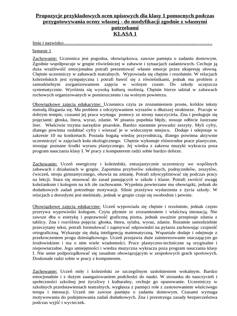 Ocena Opisowa Klasa 1 - Kopia | PDF