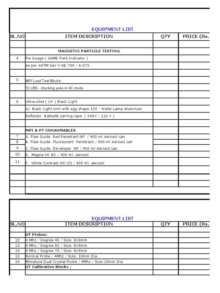 SL - No Item Description QTY PRICE (RS.) : Equipment List | PDF
