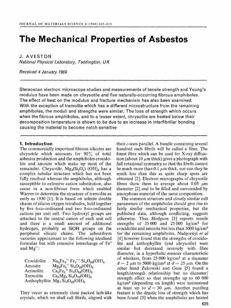 The Mechanical Properties of Asbestos: Nationa/ Physical Laboratory ...