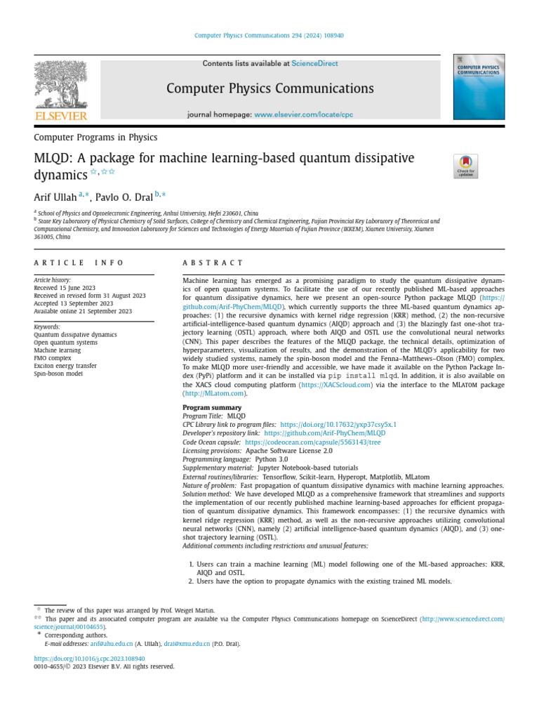 MLQD A Package For Machine Learning Based Quantu - 2024 - Computer Physics Comm | PDF ...