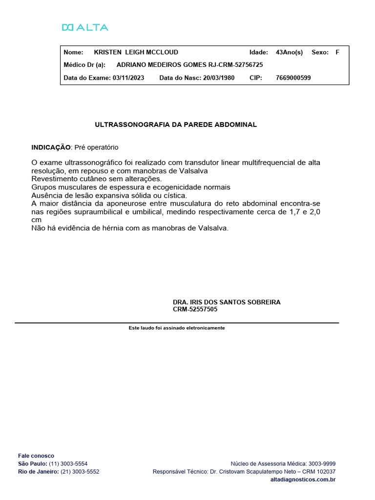 ULTRASSONOGRAFIA PAREDE ABDOMINAL (Laudo) | PDF