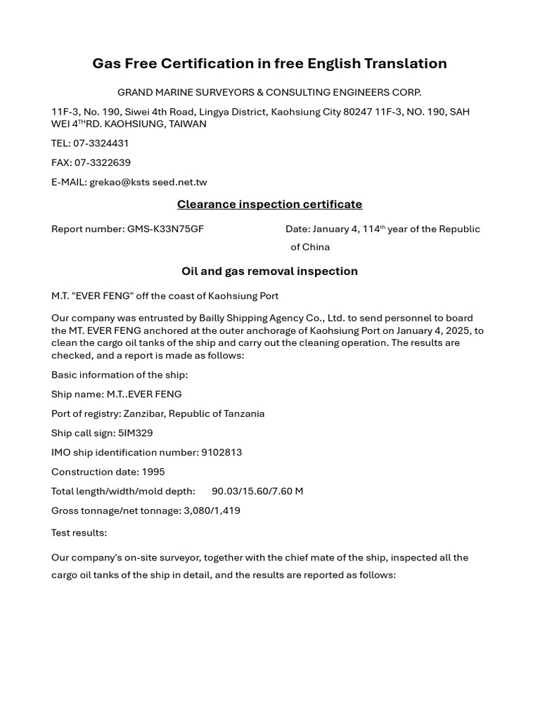 Gas Free Certificate for M.T. Ever Feng | PDF | Ships | Shipping