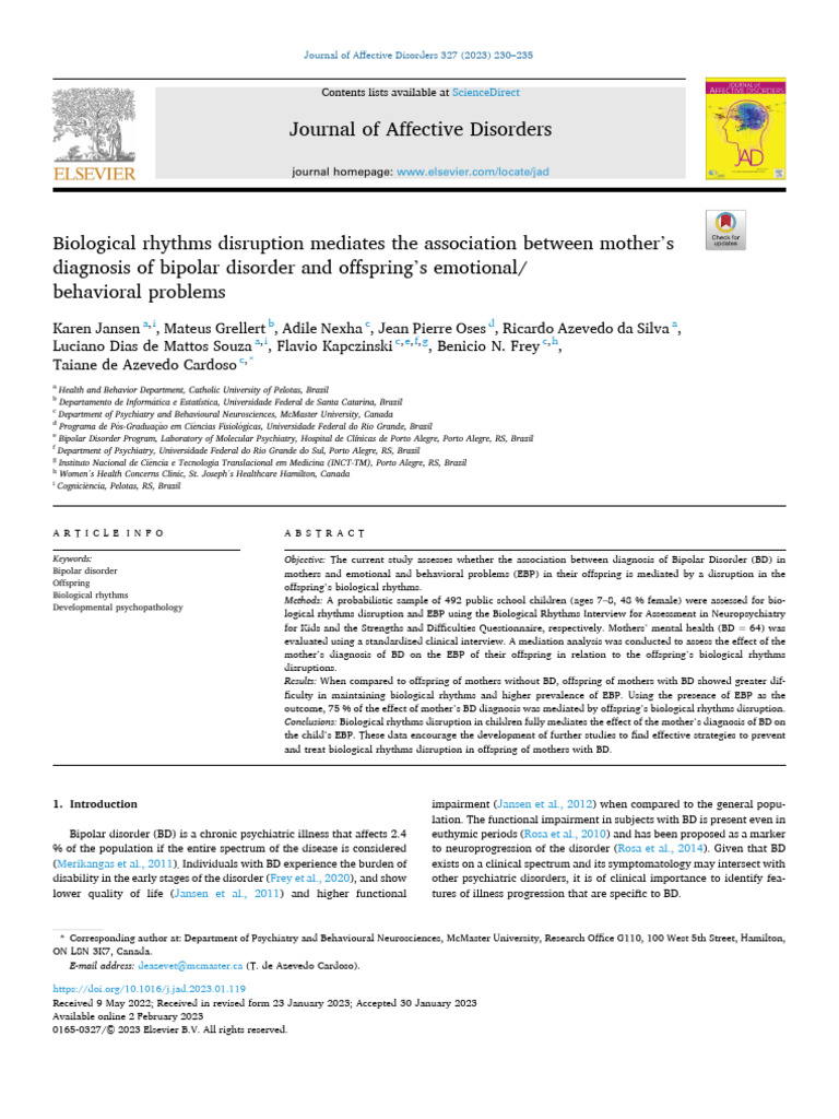 Biological Rhythms Disruption Mediates The Association Between Mother's ...