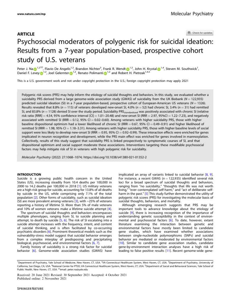 Psychosocial Moderators of Polygenic Risk For Suicidal Ideation | PDF ...
