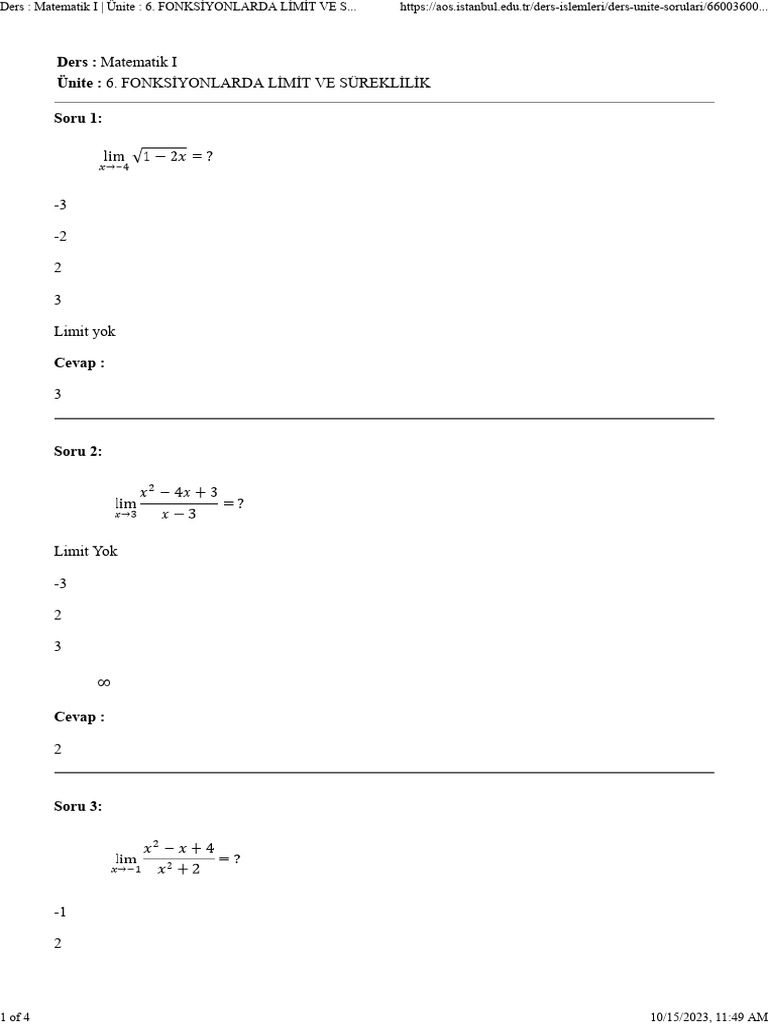 Ders _ Matematik I _ Ünite _ 6 | PDF