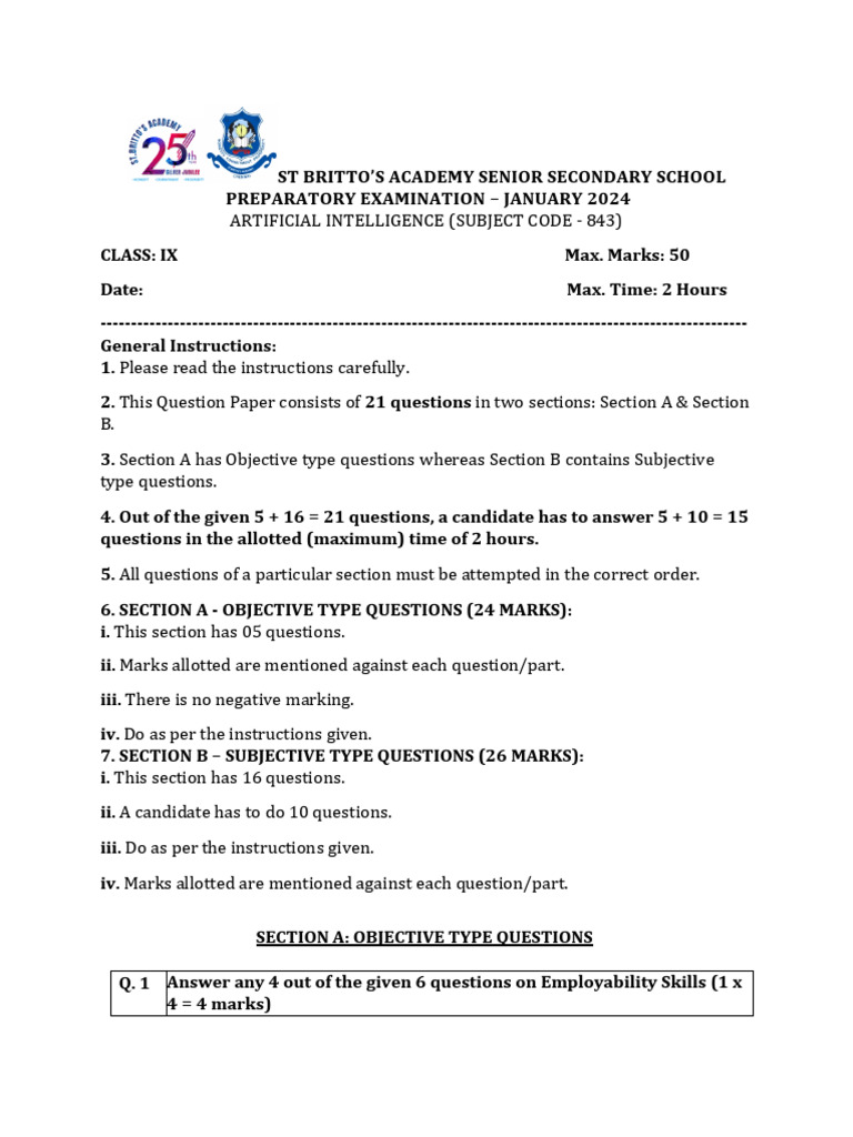 STD IX Preparatory AI QP Key N 23 24 | PDF | Artificial Intelligence | Intelligence (AI) & Semantics