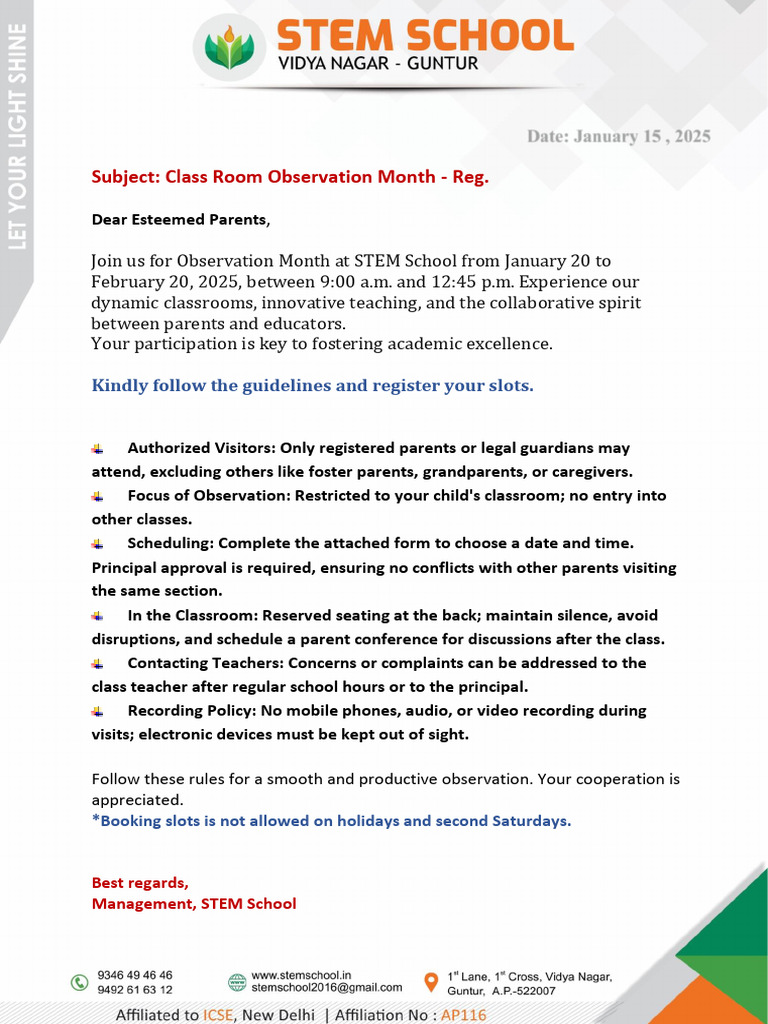 Class Room Observation Month - Reg. | PDF | Parent | Teachers