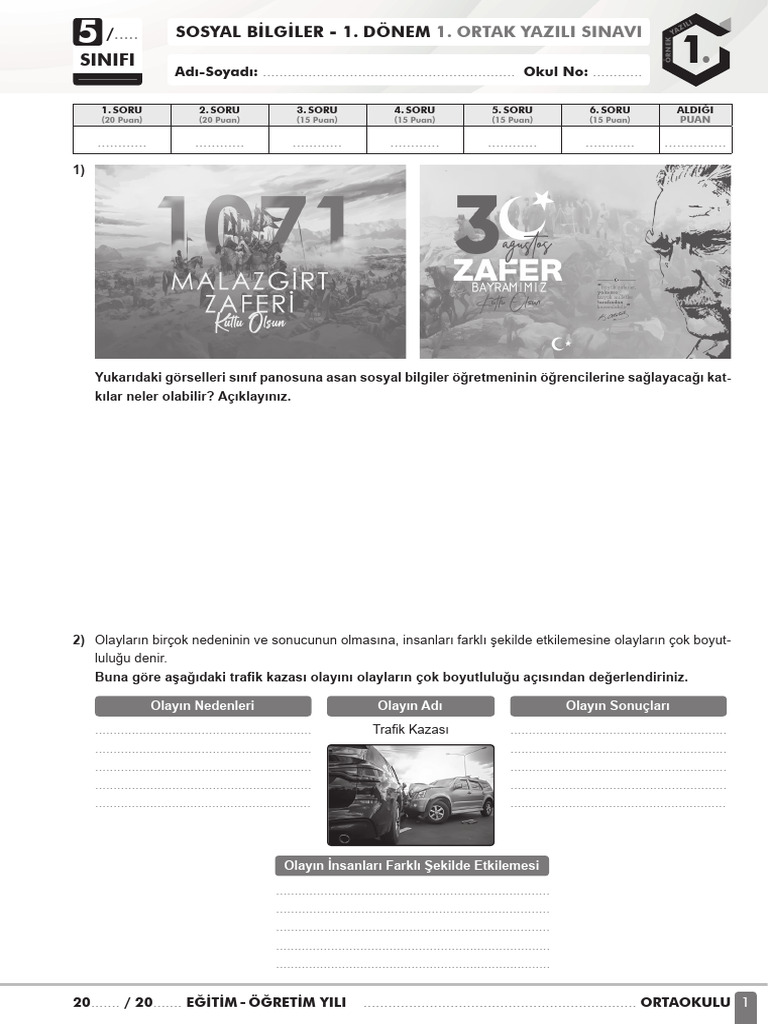 SÄ Nä F Sosyal Bilgiler YazÄ Lä SorularÄ (1. DÃ Nem 1. YazÄ Lä ) | PDF