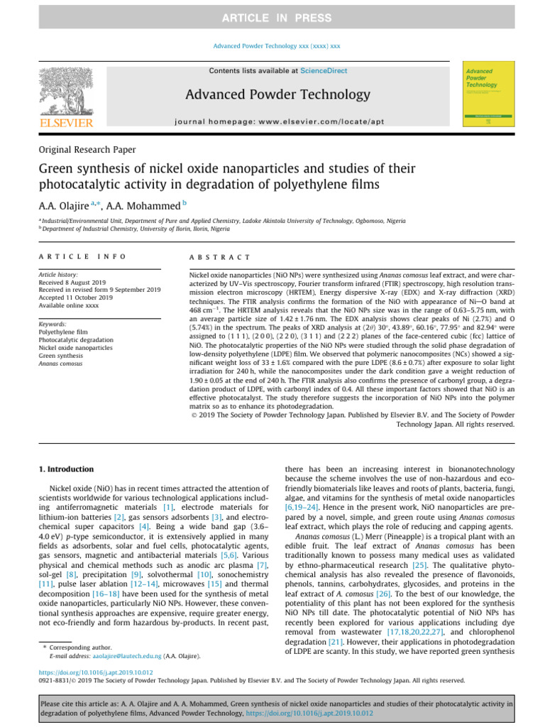 Green Synthesis of Nickel Oxide Nanopart | PDF | X Ray Crystallography ...