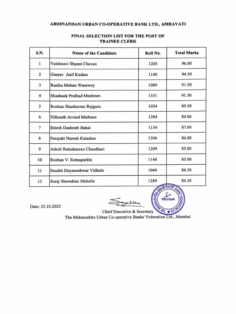 Final Selection List | PDF