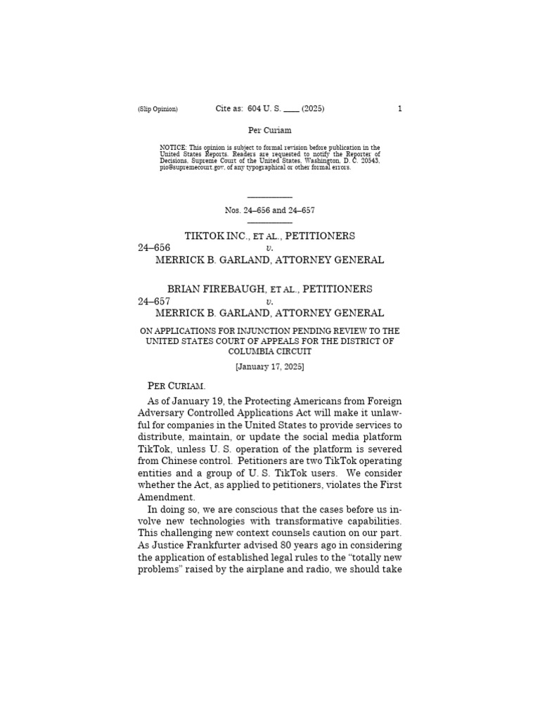 SCOTUS TikTok Decision PDF First Amendment To The United States