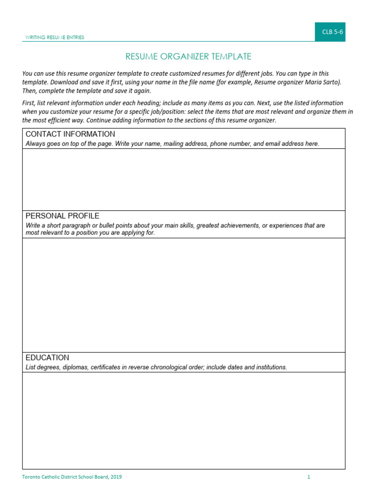 Resume Organizer Template FILLABLE | PDF | Résumé