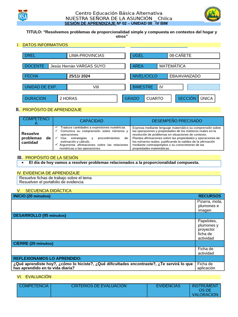 Sesión de Aprendizaje #02 - Unidad 08 - Iv Bim - Matematica Primero | PDF | Evaluación | Aprendizaje