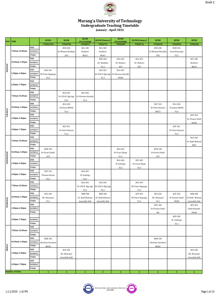 Teaching Timetable Jan - Apr 2025 Undergraduate-2 | PDF