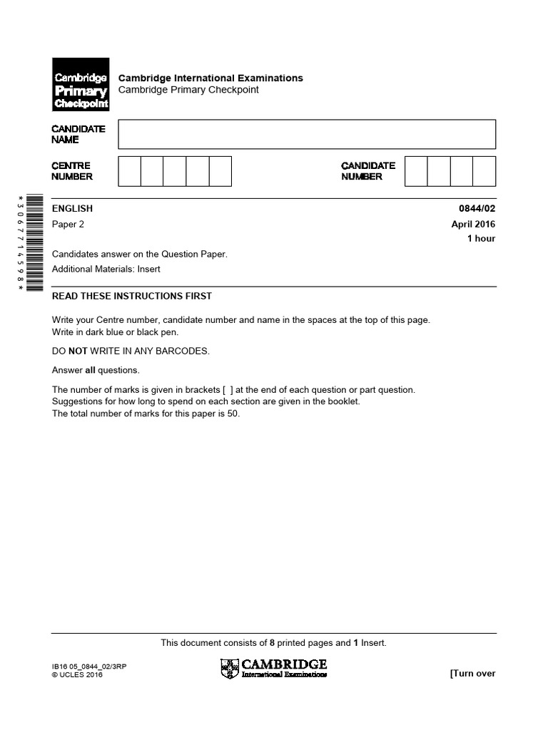 Cambridge Primary Checkpoint English Exam | PDF