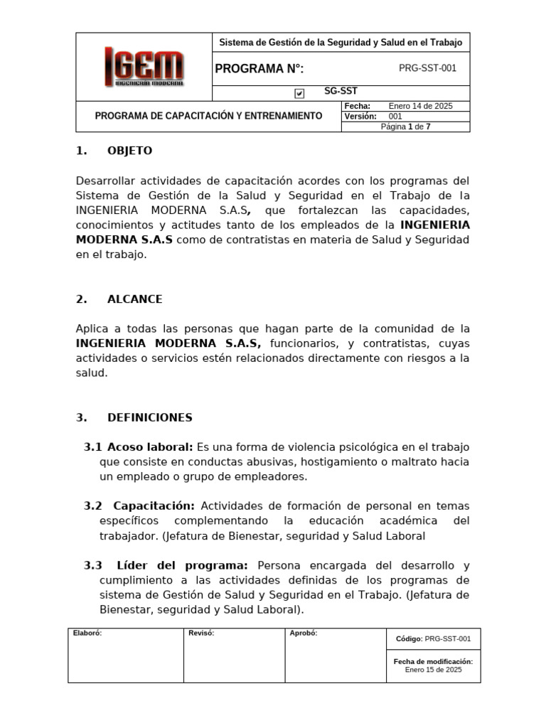PRG-SST-001 Programa de Capacitación y Entrenamiento - IGEM - 14-01 ...