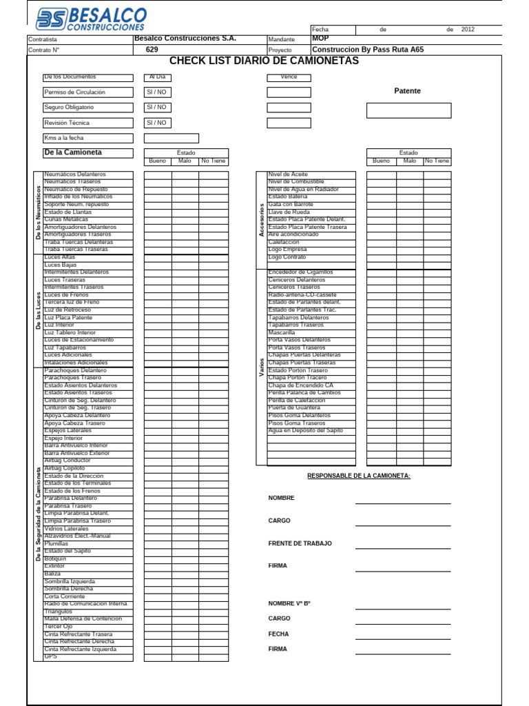Checklist Diario Camionetas Construcción | PDF | Neumático | Vehículos ...