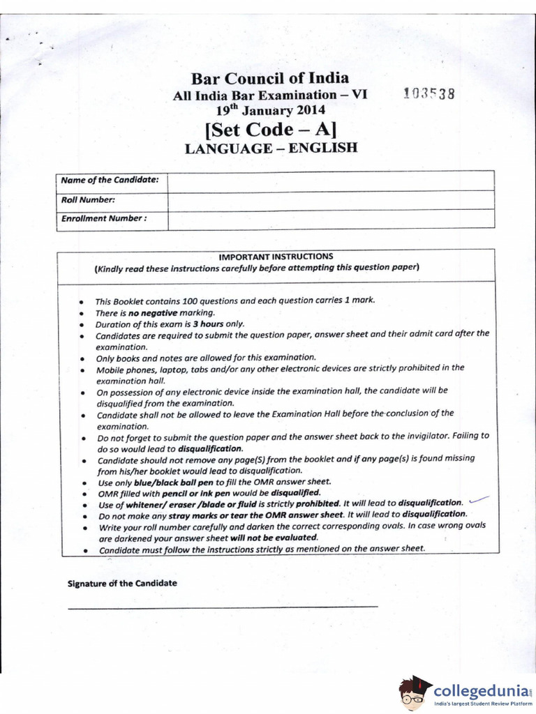 AIBE 6 Question Paper Set a Df5221c440853a6327c92bcbca53c5d1 | PDF